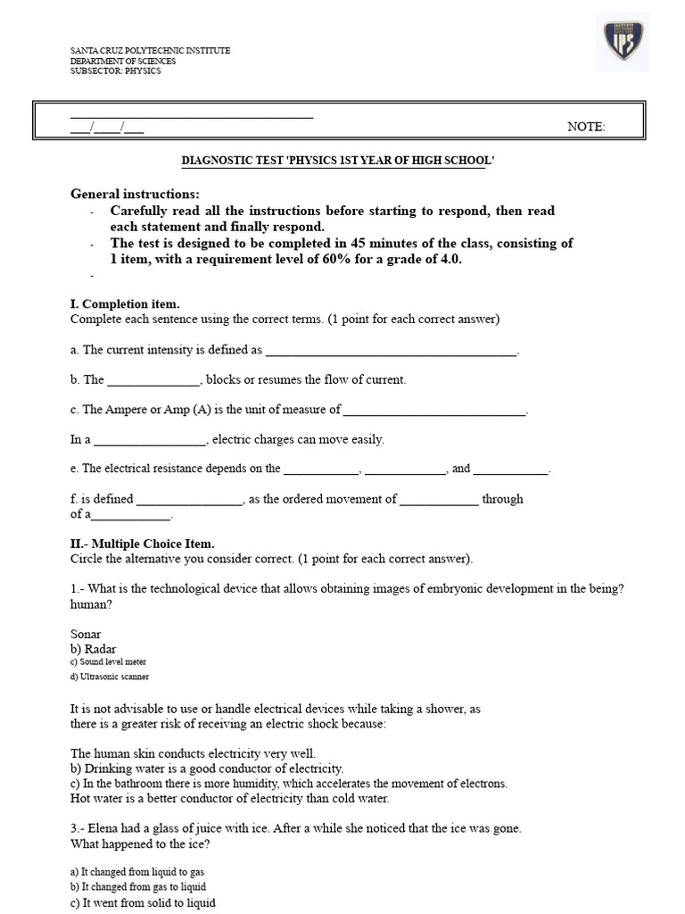 Diagnostic Test 1 Year 10 Physics | PDF | Light | Electricity