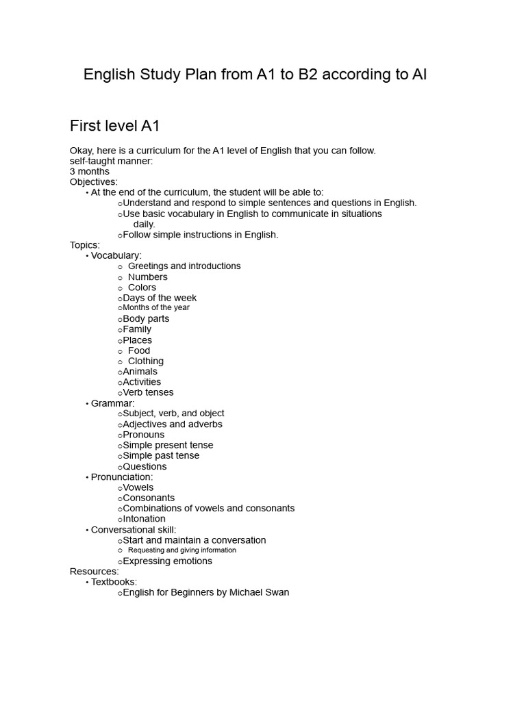 English Study Plan From A1 To B2 According To Ai Pdf English