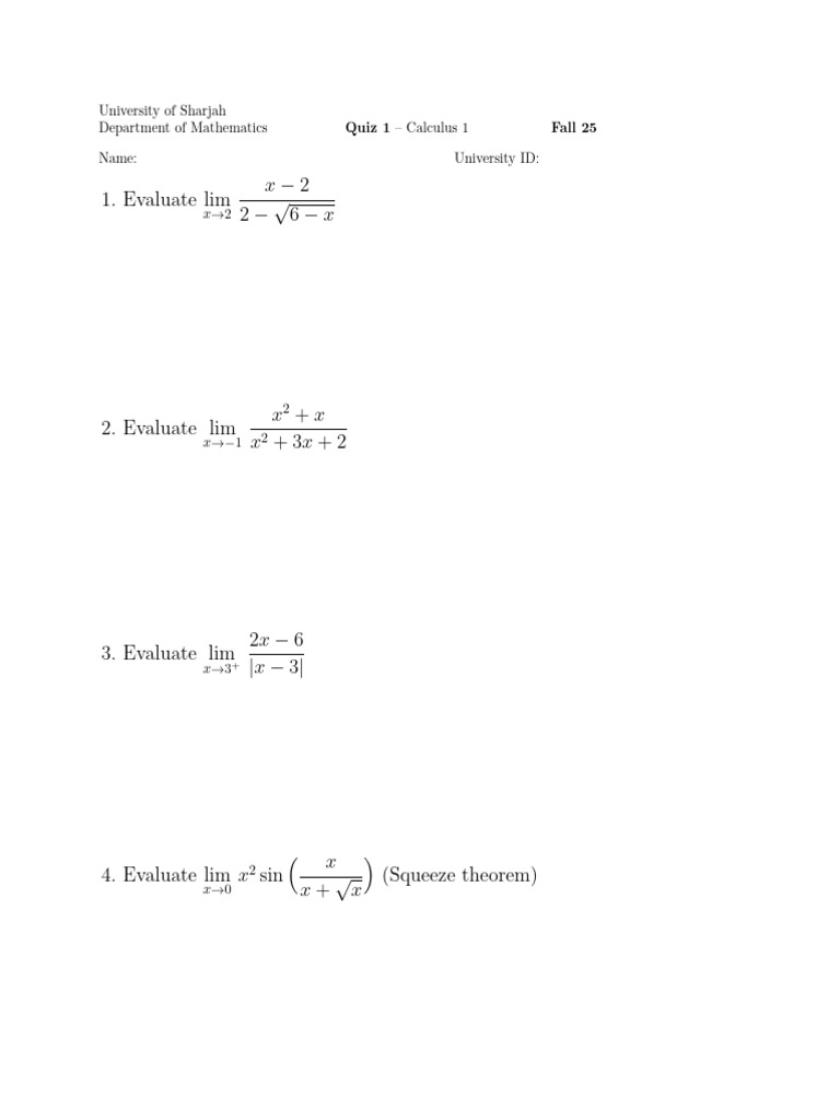 Calculus 1 Quiz - University of Sharjah | PDF
