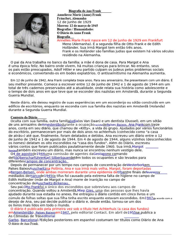 Biografia de Ana Frank: Vida e Legado | PDF
