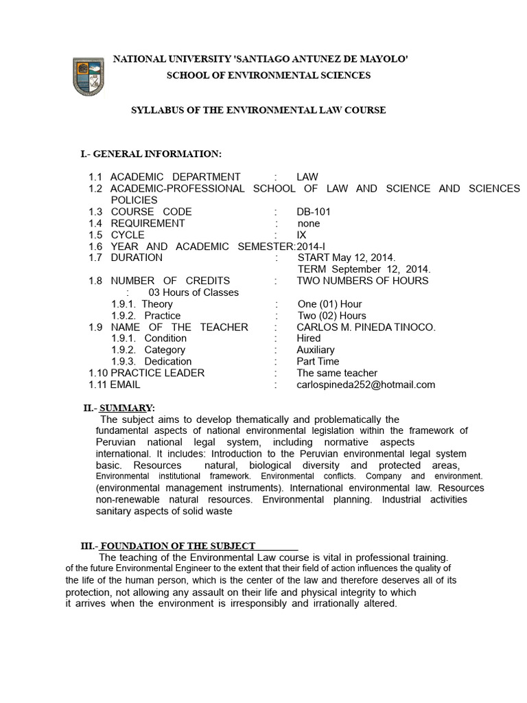 SYLLABUS OF ENVIRONMENTAL LAW-3-Faculty of Law and Political Science ...