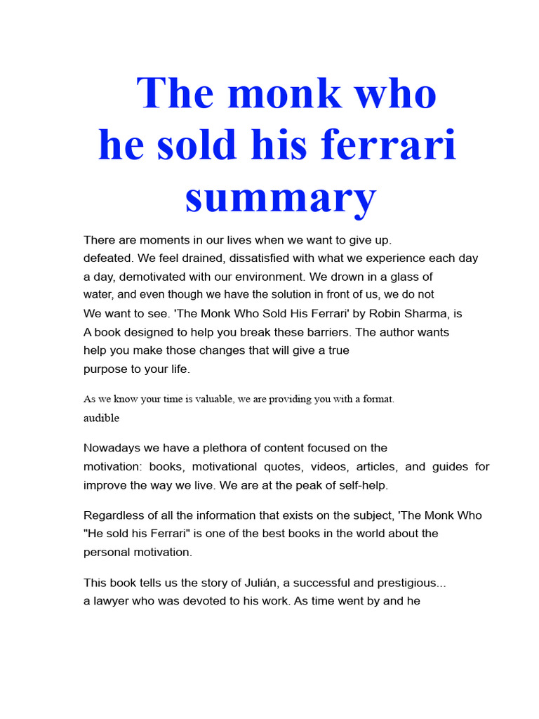 The Monk Who Sold His Ferrari Summary | PDF | Mind
