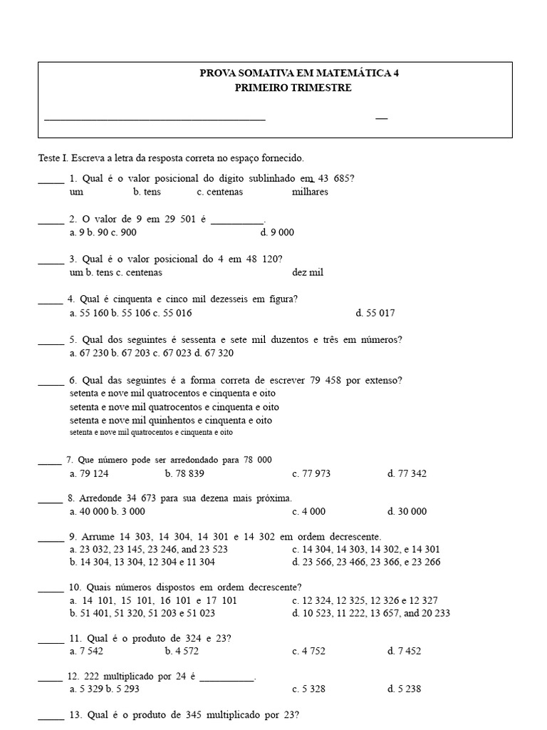 Teste Somativo MATE 4 - Q1 | PDF | Divisão (Matemática) | Matemática