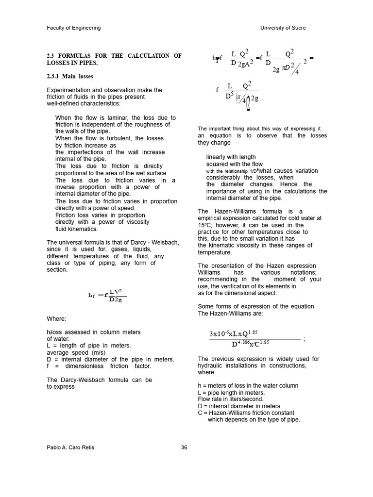 Formulas For Calculating Losses in Pipes | PDF | Chemical Engineering | Fluid Mechanics