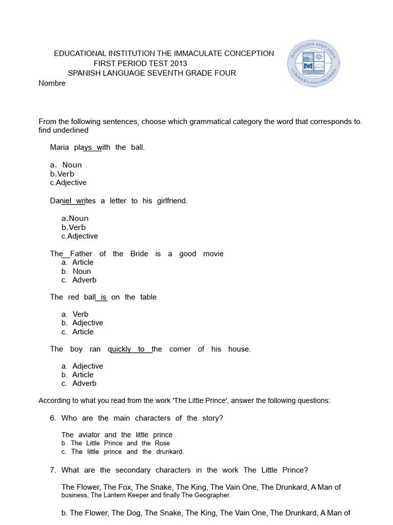 Seventh Grade Spanish Test 2013 | PDF | Adverb | Adjective