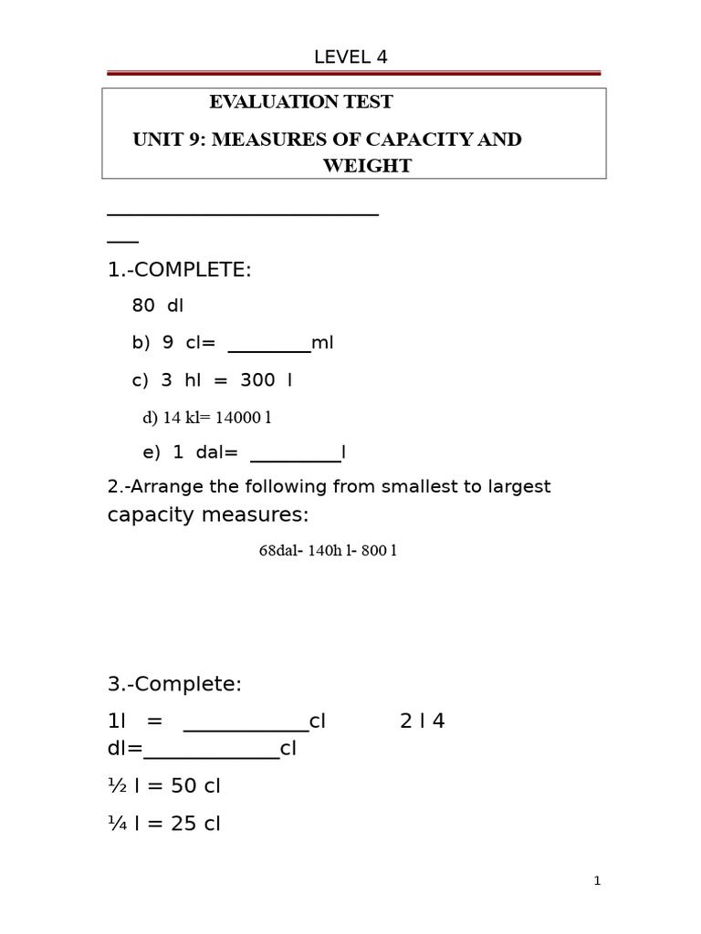 Unit 9 Measures of Capacity and Mass | PDF