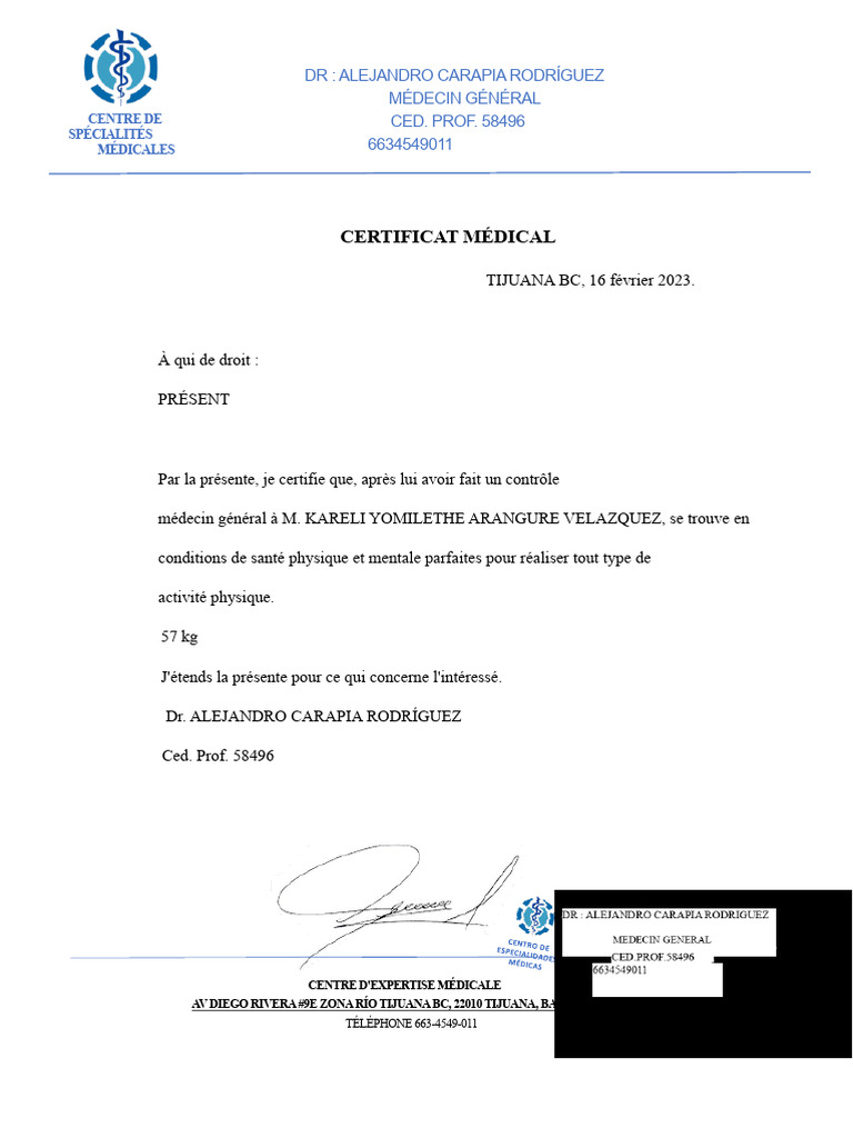 Certificat médical de M. Arangure | PDF