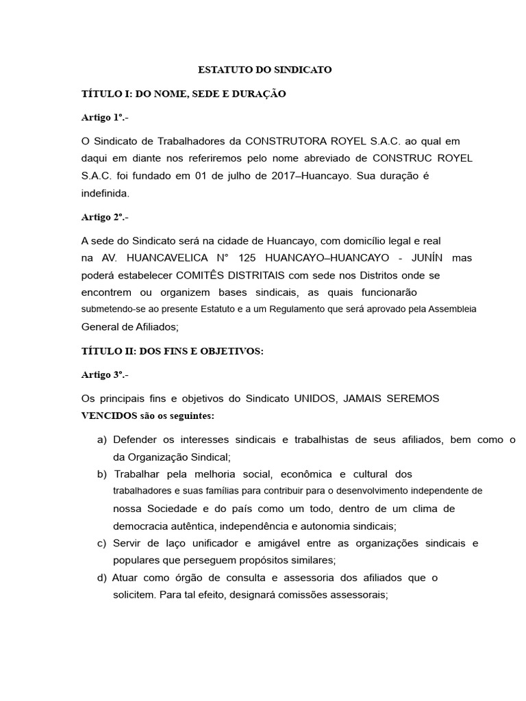 Estatuto do Sindicato CONSTRUC ROYEL S.A.C. | PDF | Sindicato | Nações ...