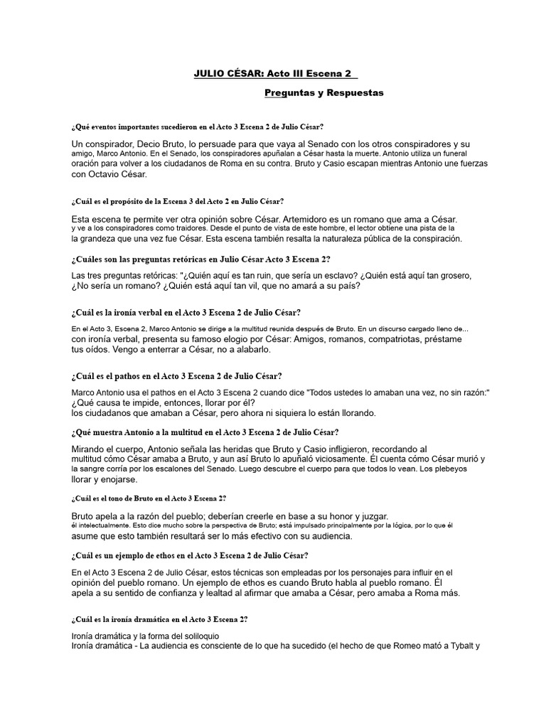 JULIO CÉSAR Acto 3 Escena 2 Preguntas y Respuestas | PDF | Julio César ...