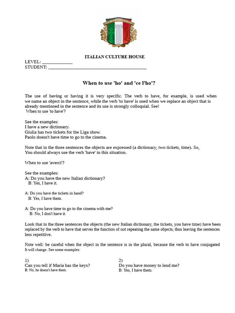 Italian Grammar: Using 'Ho' and 'Ne' | PDF | Grammatical Gender | Verb