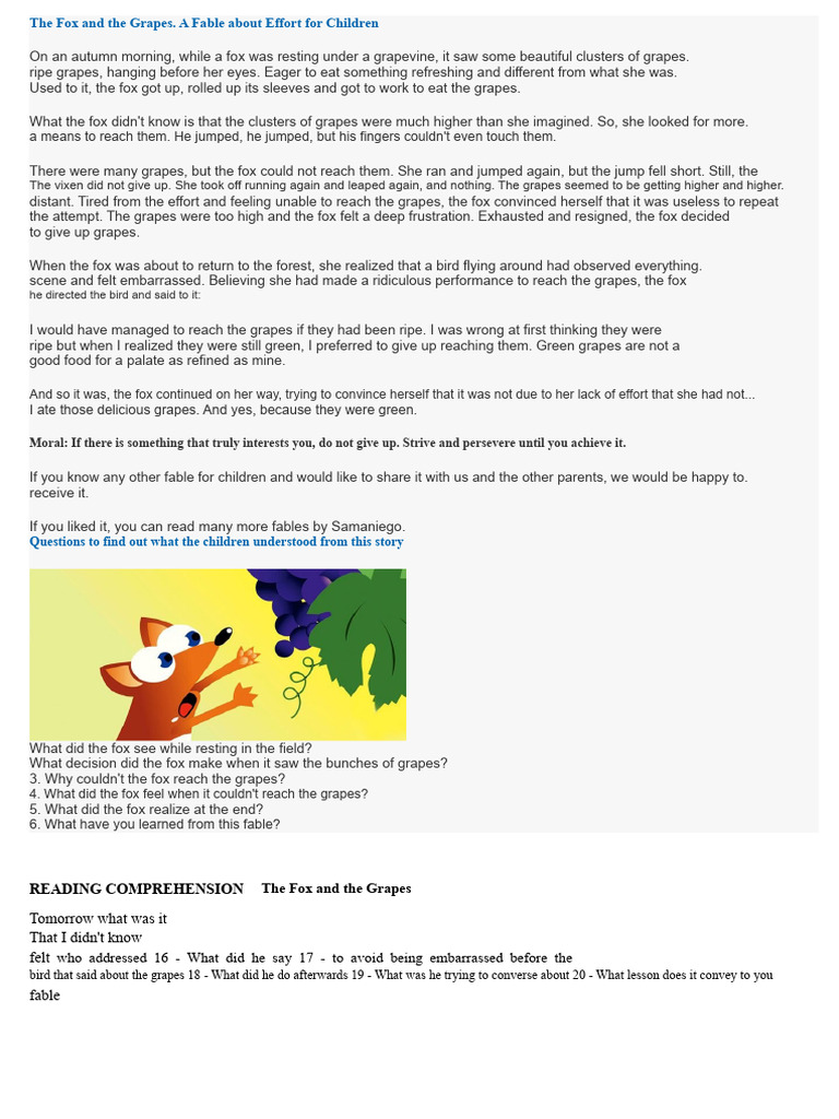 The Fox and the Grapes: A Fable for Kids | PDF