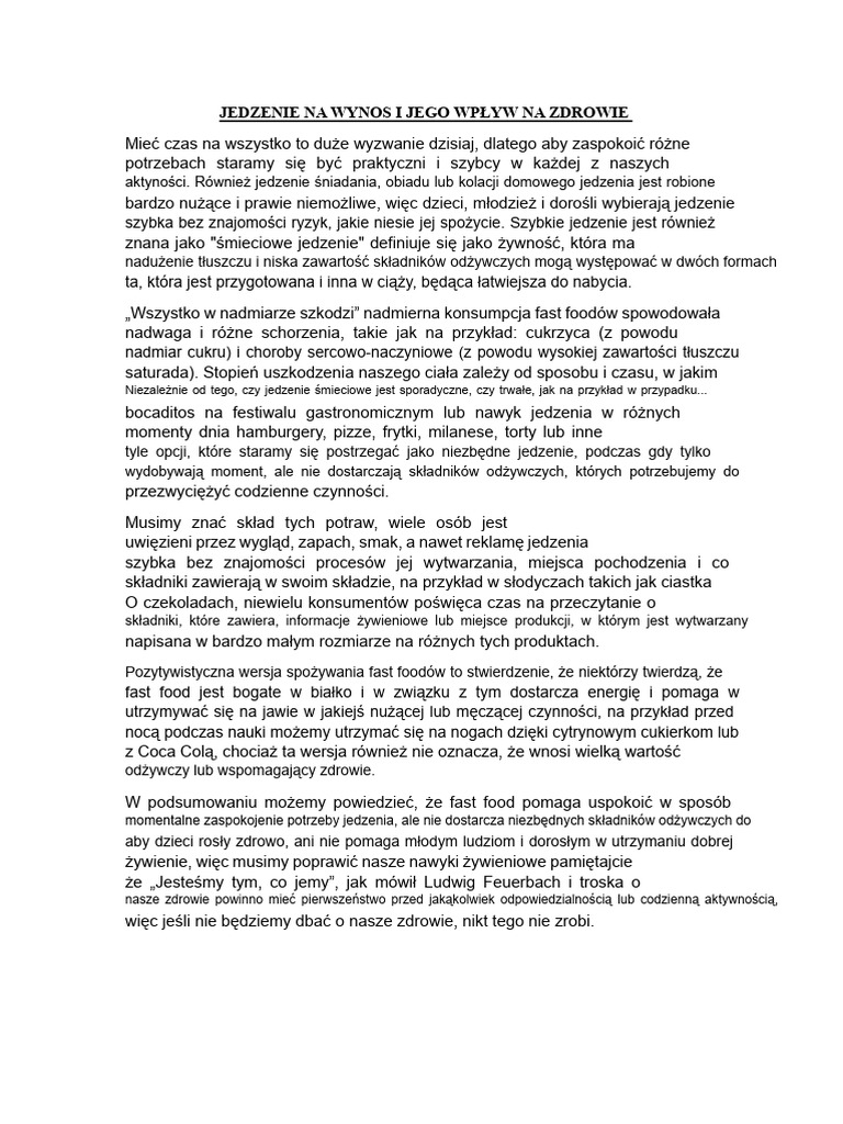 Fast Food I Jego Wpływ Na Zdrowie | PDF