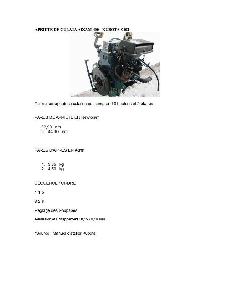 Couple de serrage Kubota Z402 | PDF