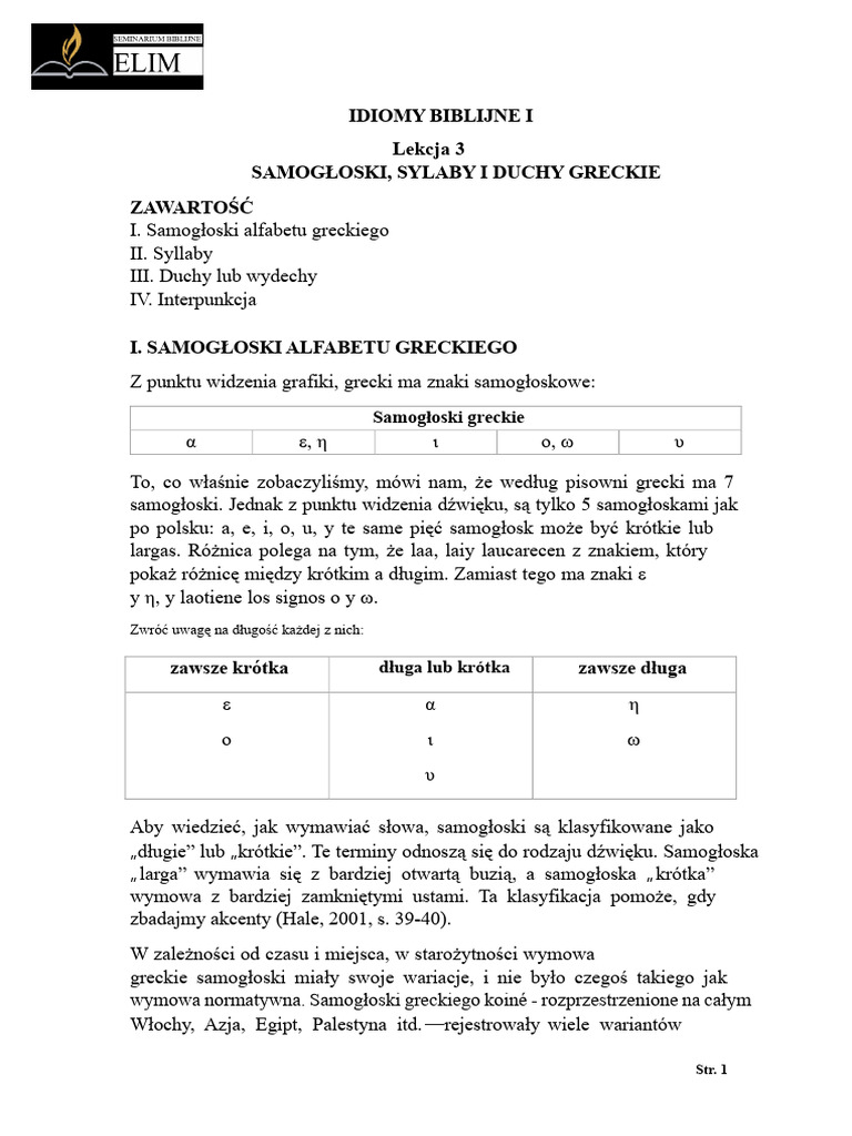Lekcja 3 - Samogłoski, Sylaby I Duchy Greckie | PDF