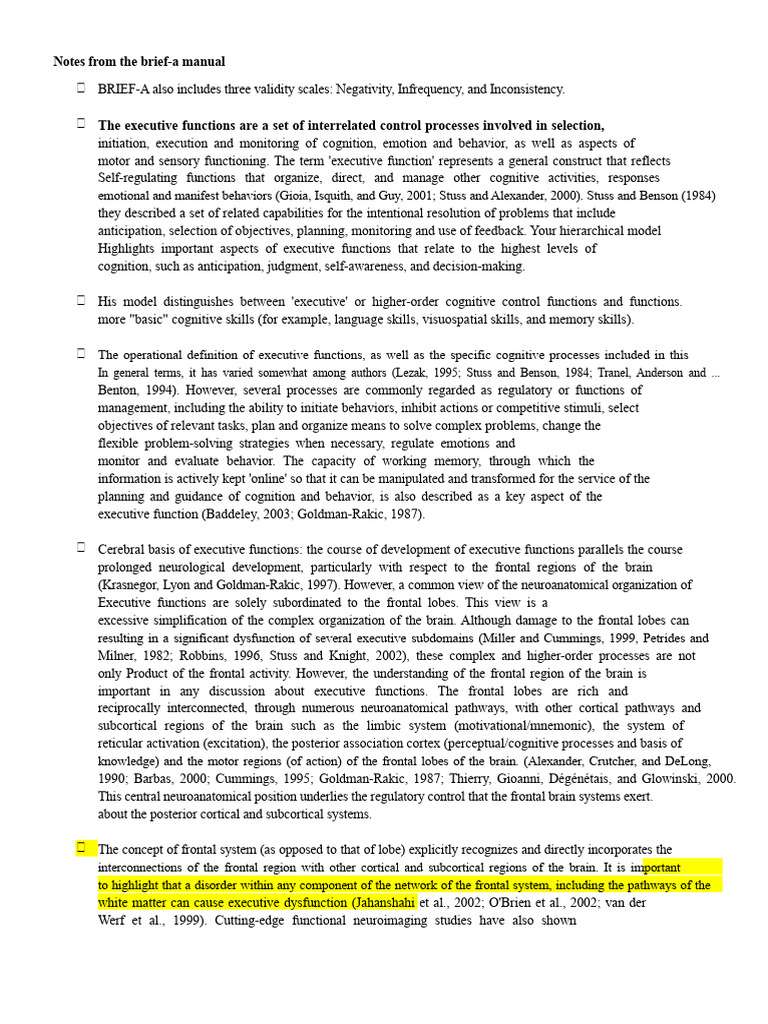 Notes From The Brief Manual | PDF | Executive Functions | Standard Score