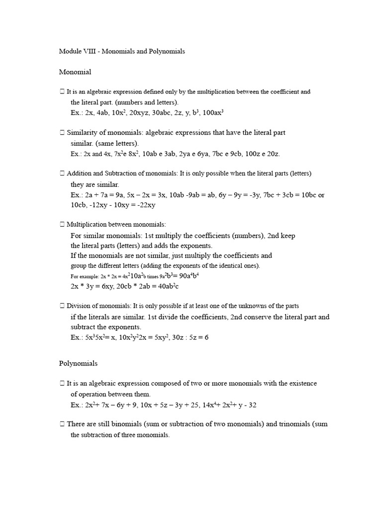 Module 8.1 - Monomials and Polynomials | PDF | Polynomial | Multiplication