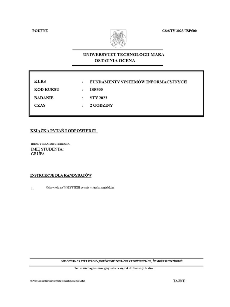 Schemat Odpowiedzi Isp500 Styczeń 2023 | PDF