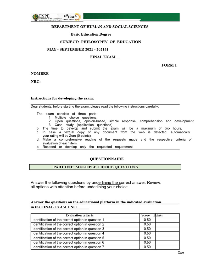 Philosophy of Education Final Exam 202050 Form 1 | PDF | Multiple ...