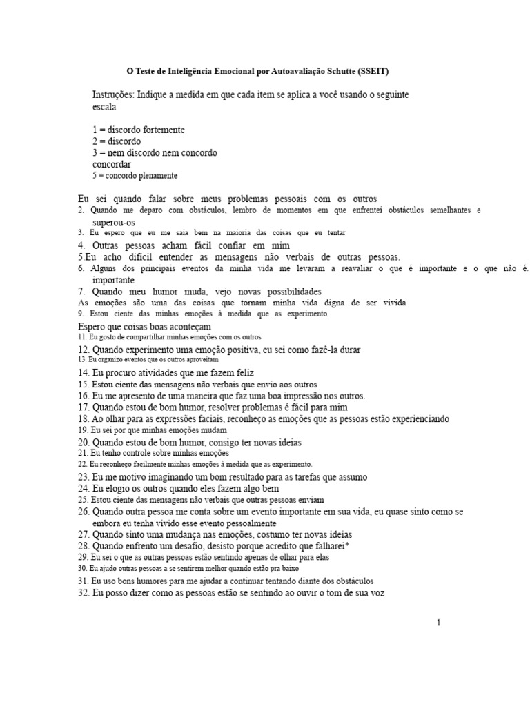 O Teste de Inteligência Emocional de Autoavaliação Schutte (SSEIT ...