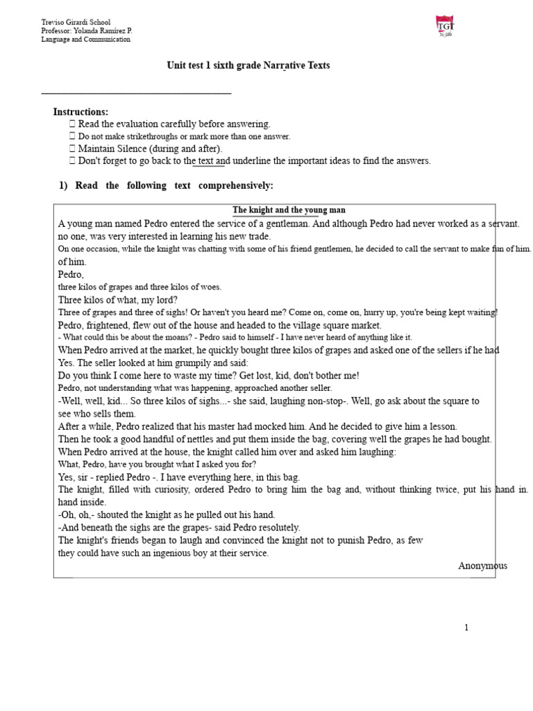 Sixth Grade Narrative Text Test | PDF | Prometheus | Zeus