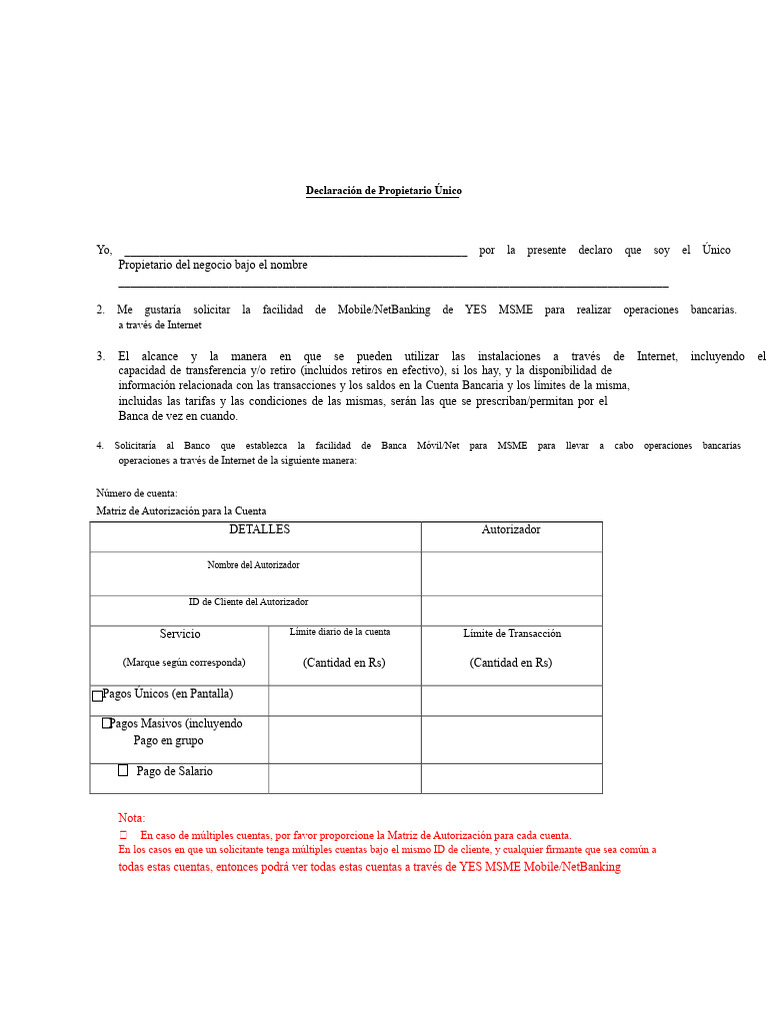 Declaración de Propietario Único de MSME Sí | PDF | Tarjeta de débito | Bancos