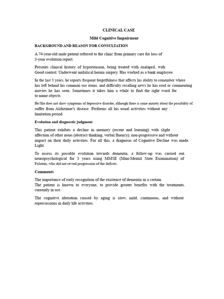 Clinical Case | PDF | Dementia | Alzheimer's Disease