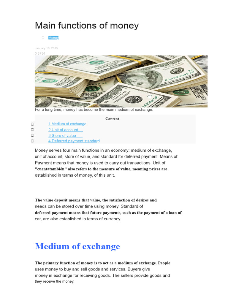 Main Functions of Money | PDF | Money | Medium Of Exchange