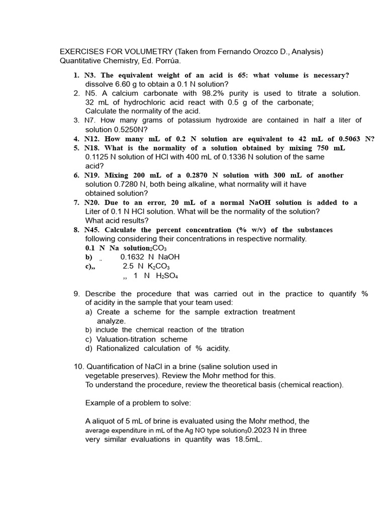 Exercises For Volumetry | PDF | Acid | Titration