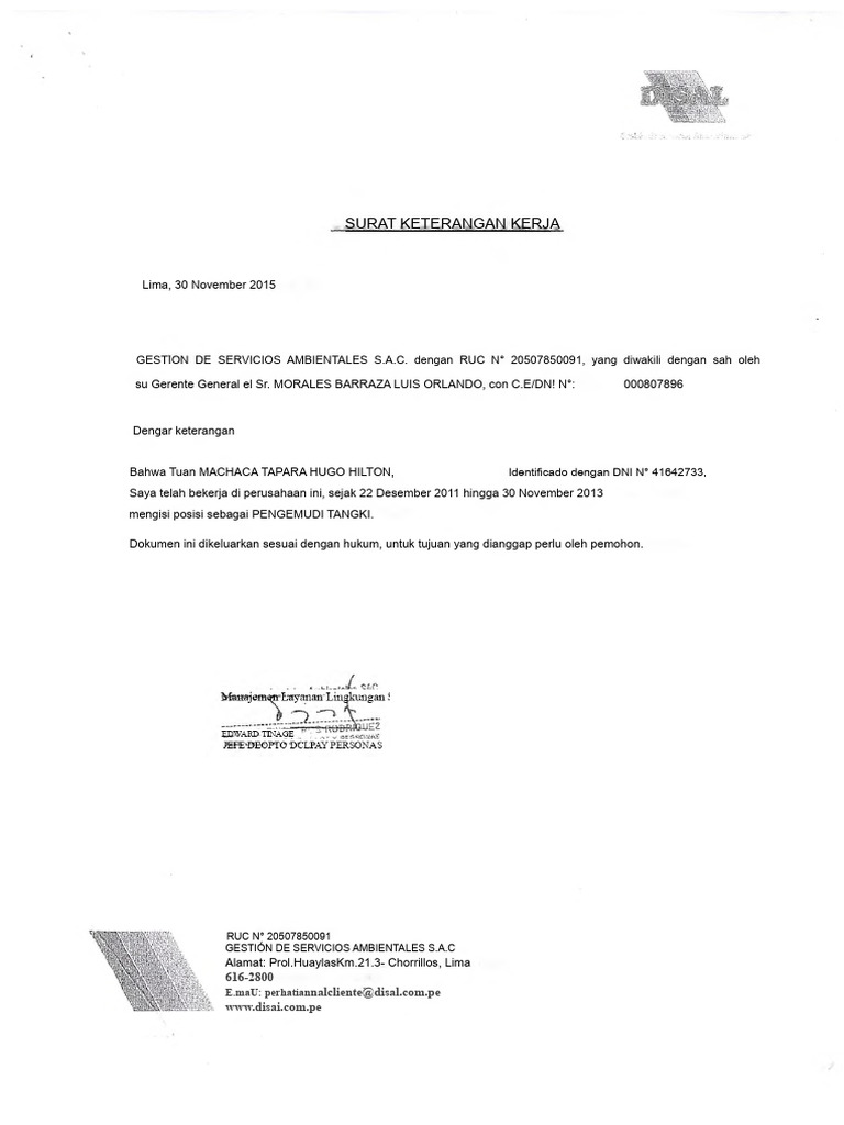 Surat Keterangan Kerja Hugo Hilton | PDF