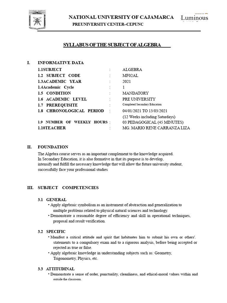 Algebra Syllabus for Pre-University Students | PDF | Equations | Polynomial