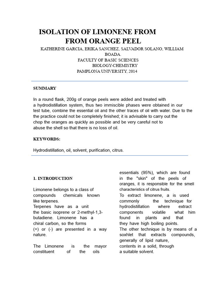 Isolation of Limonene From Orange Peel | PDF | Essential Oil | Chemical ...
