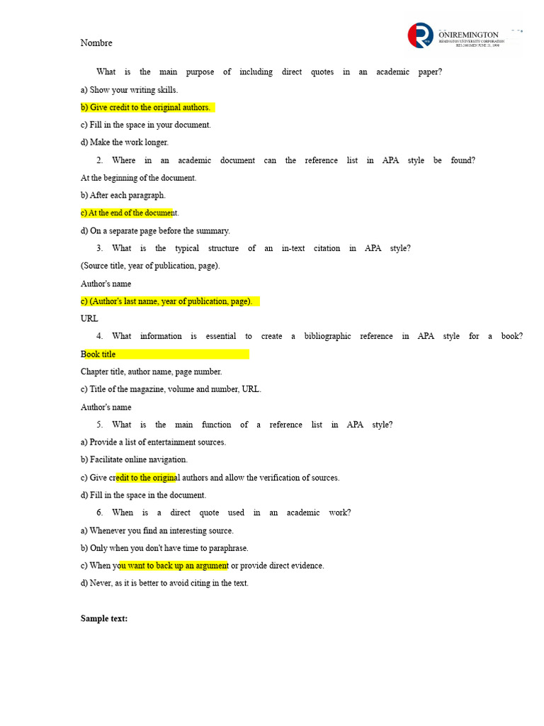 Citations and References Workshop - Answers | PDF | Citation | Apa Style