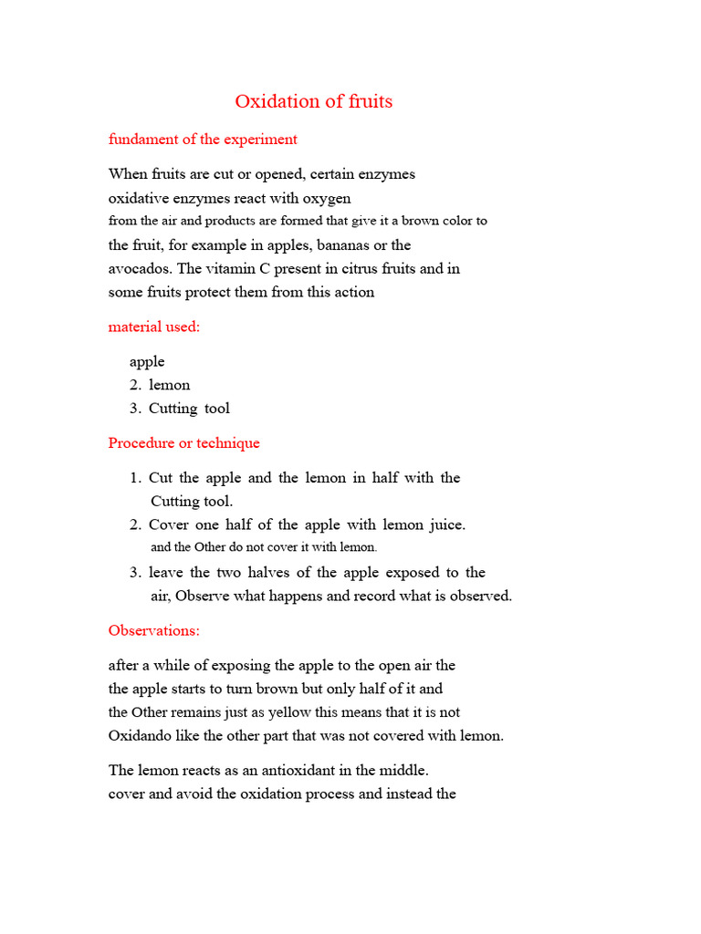 Oxidation of Fruits | PDF