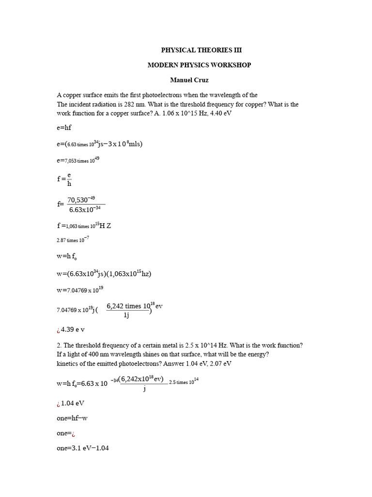Modern Physical Workshop Solution | PDF | Photoelectric Effect | Electronvolt