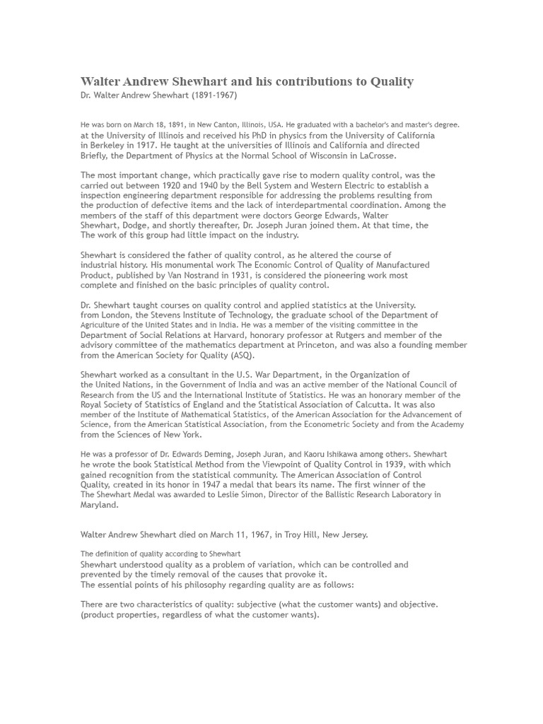Walter Andrew Shewhart and His Contributions To Quality | PDF