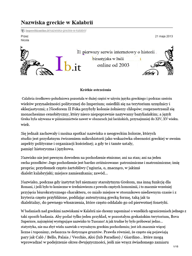 Greckie Nazwiska W Kalabrii | PDF