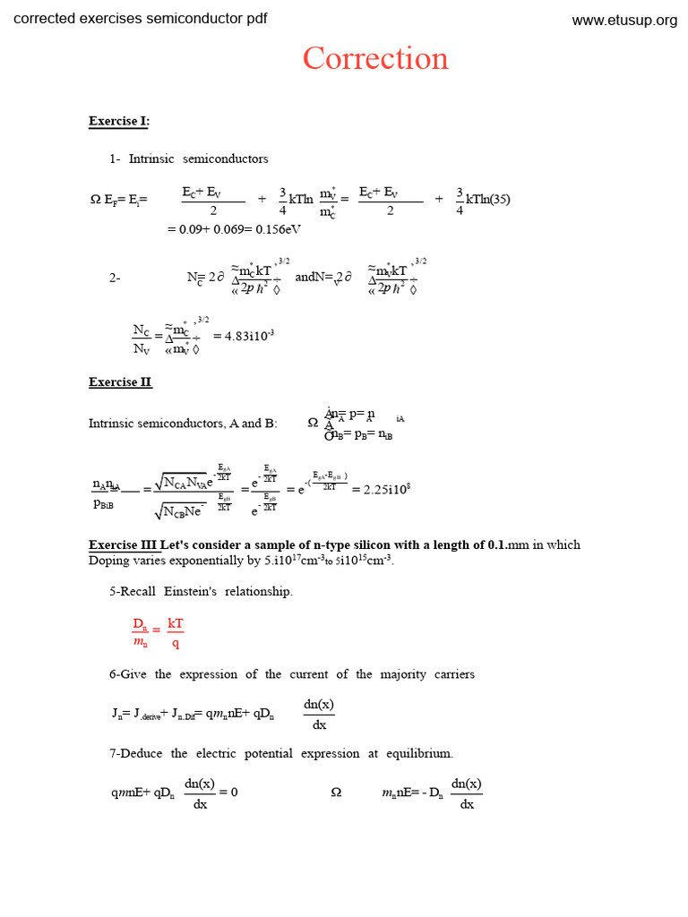 Corrected Exercises Semiconductor PDF | PDF | Doping (Semiconductor) | Electronic Engineering