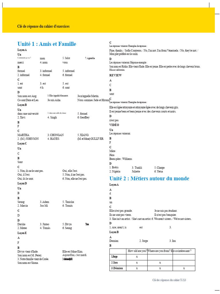 Clé de réponses cahier d'exercices | PDF