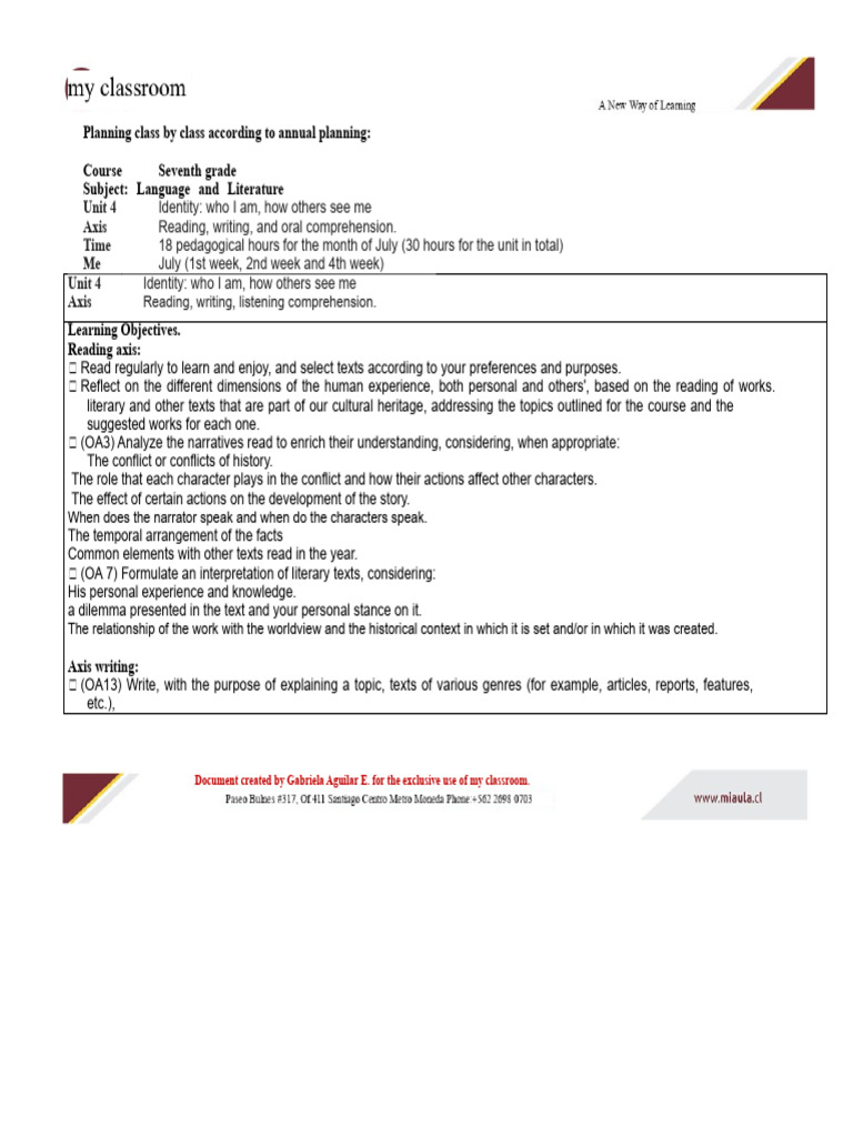 Class-by-Class Planning For July Unit 4 Language and Literature 7th ...