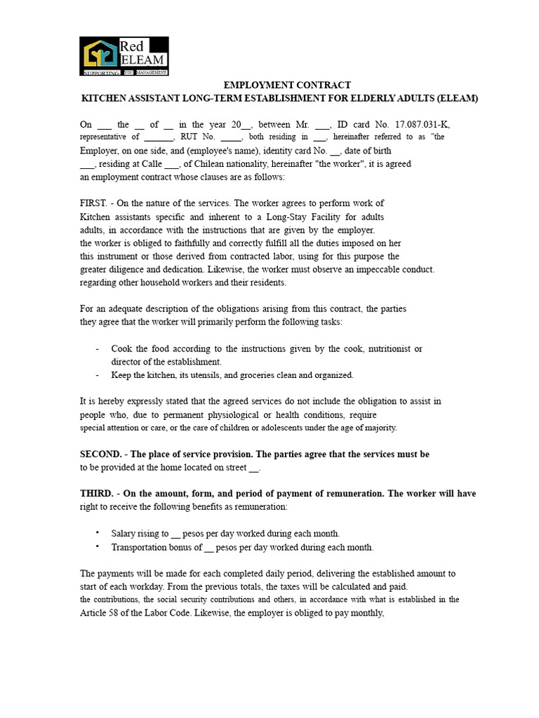 Red ELEAM Kitchen Assistant Contract | PDF | Employment | Social ...