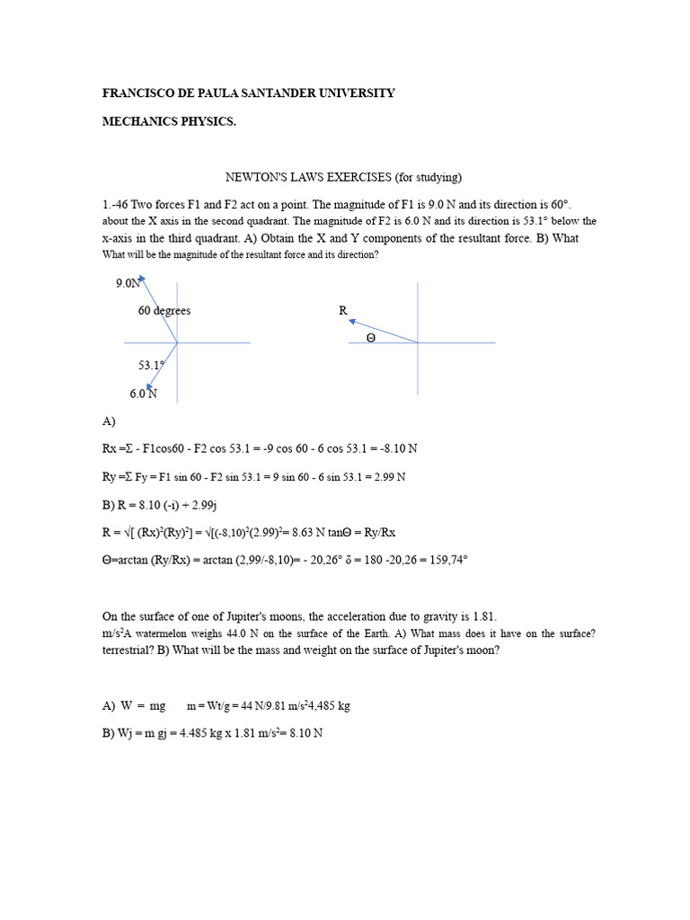 Exercises On Newton's Laws | PDF | Force | Mass