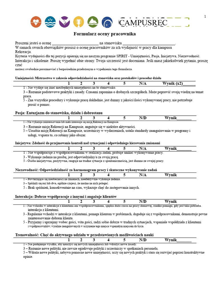 Formularz Oceny Pracy Pracownika | PDF