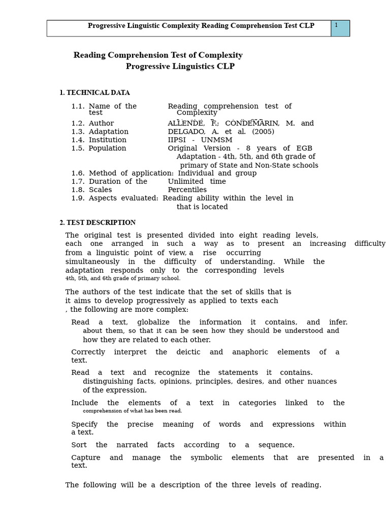 Progressive Reading Comprehension Test CLP | PDF | Reading ...