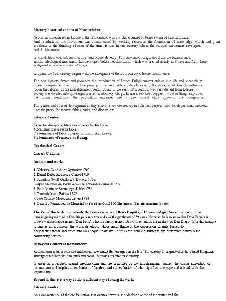 Historical Literary Context of Neoclassicism | PDF | Romanticism
