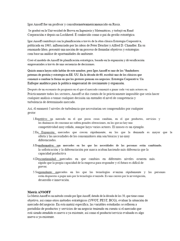 Igor Ansoff y la gestión estratégica | PDF | Gestión estratégica ...
