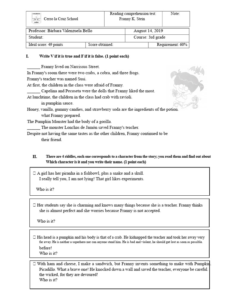 Franny K. Stein Reading Comprehension Test | PDF