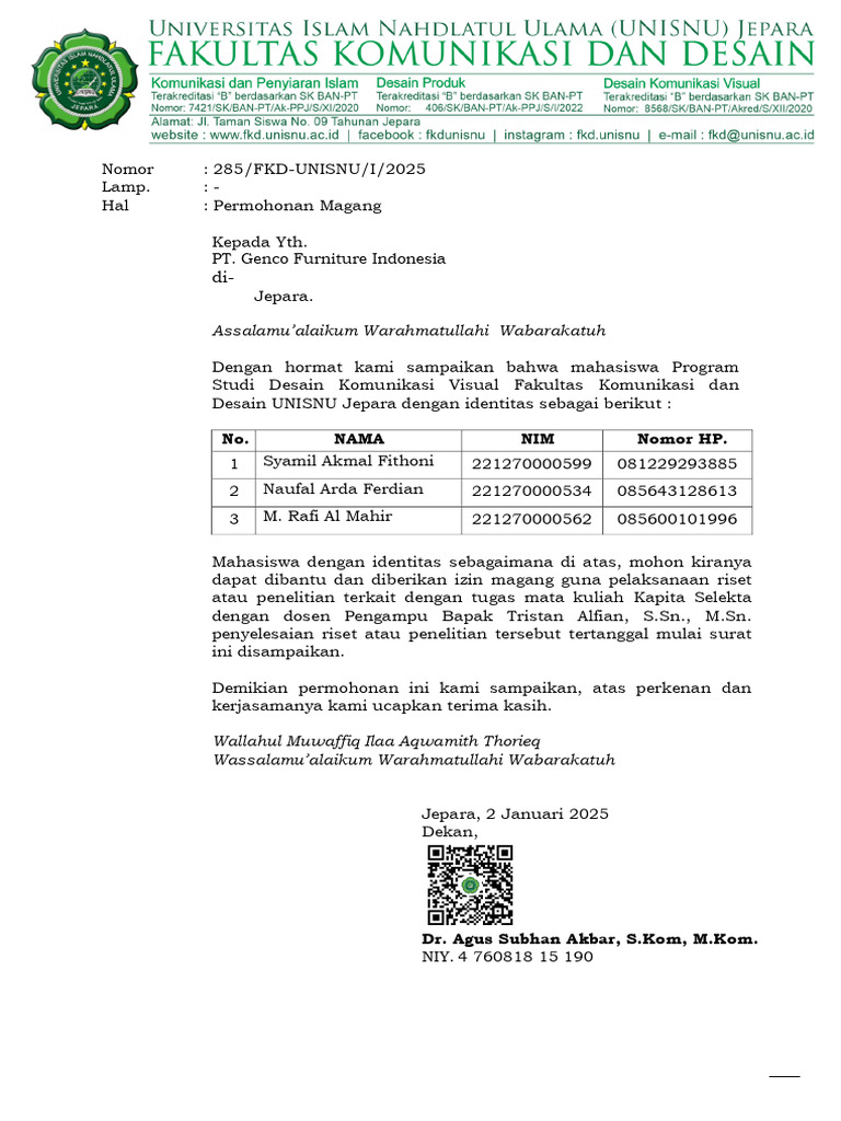 Permohonan Magang Mahasiswa DKV UNISNU | PDF
