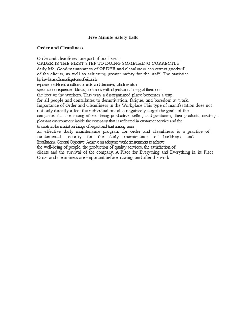 Five-Minute Safety Talk: Order and Cleanliness | PDF