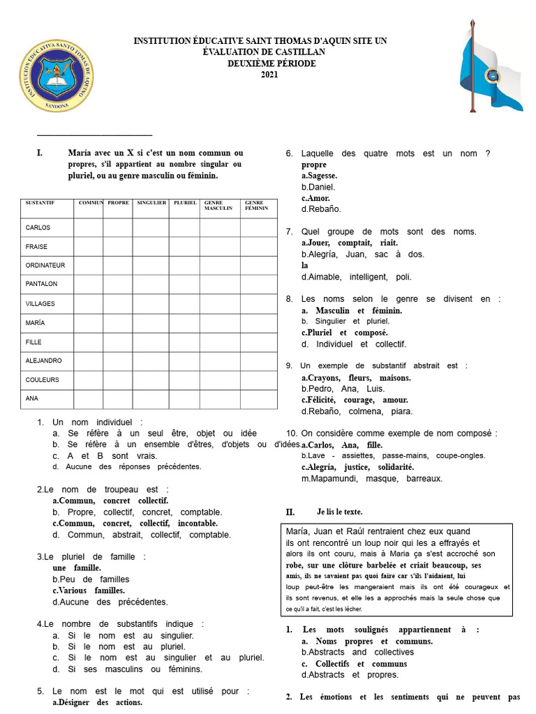 Évaluation Espagnol Le Nom Et Ses Classes | PDF | Genre grammatical ...