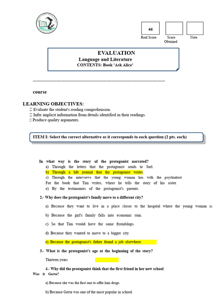 Test Ask Alicia | PDF | Reading Comprehension